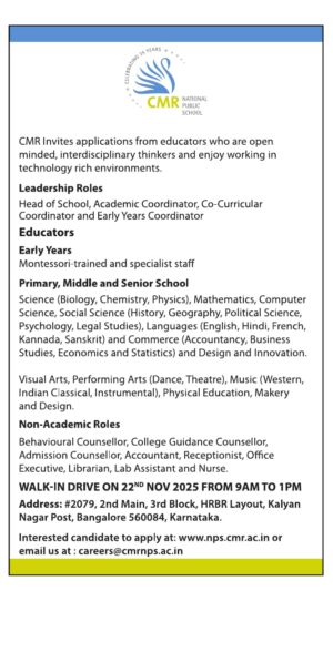 CMR National Public School, Bangalore Wanted Teaching and Non-Teaching ...