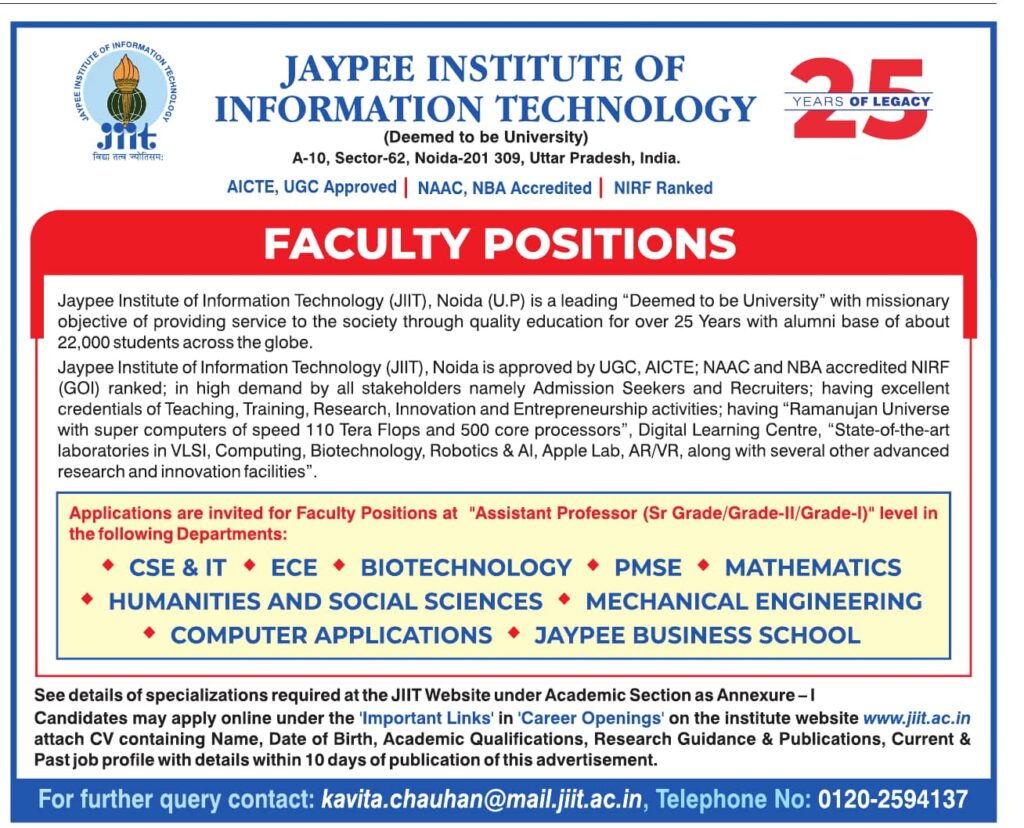 Faculty Positions 2026 at Jaypee Institute of Information Technology ...